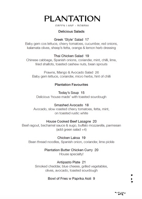 Plantation Menus | Green Lane Bowral
